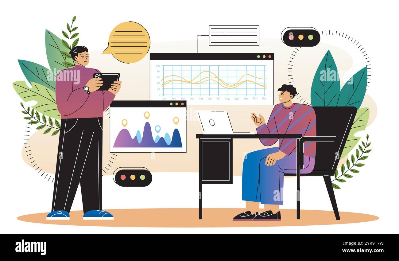 Businessmen analyzing graphs. Two men look at diagrams and charts ...