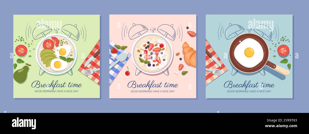 Breakfast posters set. Dish with eggs and vegetables, saucepan with ...