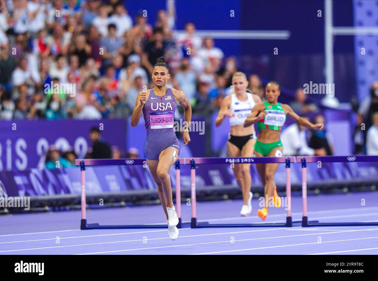 Sydney McLaughlin participating in the 400 meters hurdles at the Paris ...