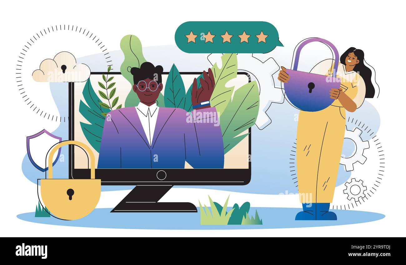 Cloud computing security concept. Woman with padlock near computer ...