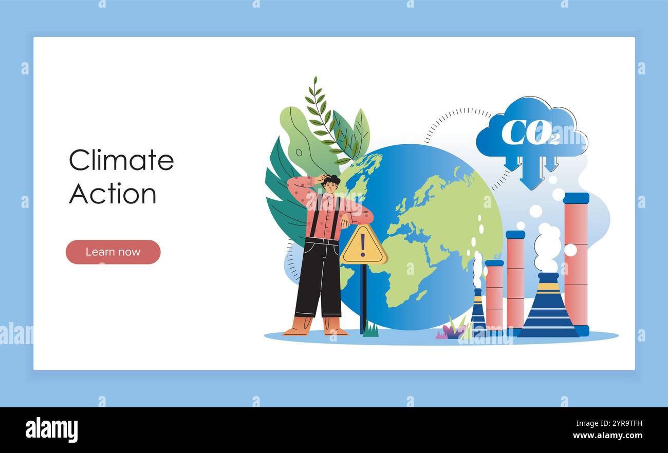 Climate action landing page. Man near factory with co2 emissions ...