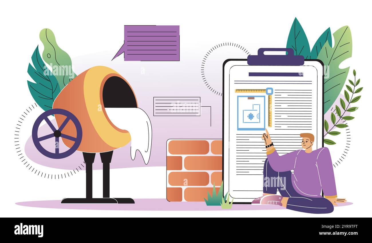 Concrete finisher man. Man sits near concrete mixer and brick wall ...