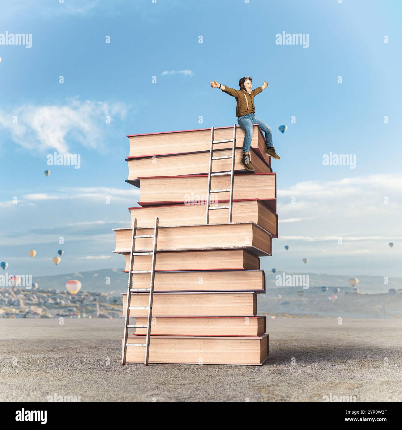 Kid sitting top books symbolizes knowledge, learning, achievement Stock Photo - Alamy