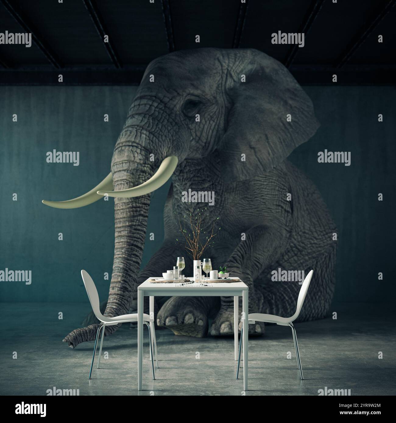 Giant elephant sitting at a set dinner table in a dark, concrete room ...