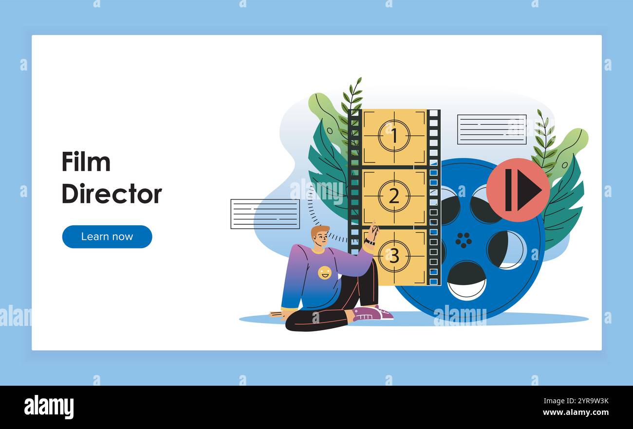 Film director landing page. Man near huge film reel. Cinema industry ...