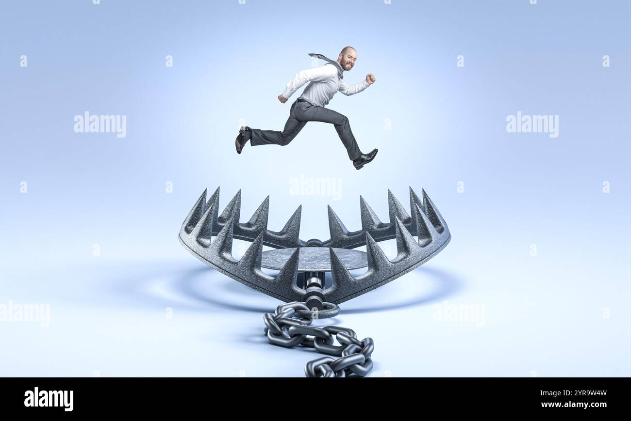 Businessman jumping over a bear trap risk concept background Stock ...