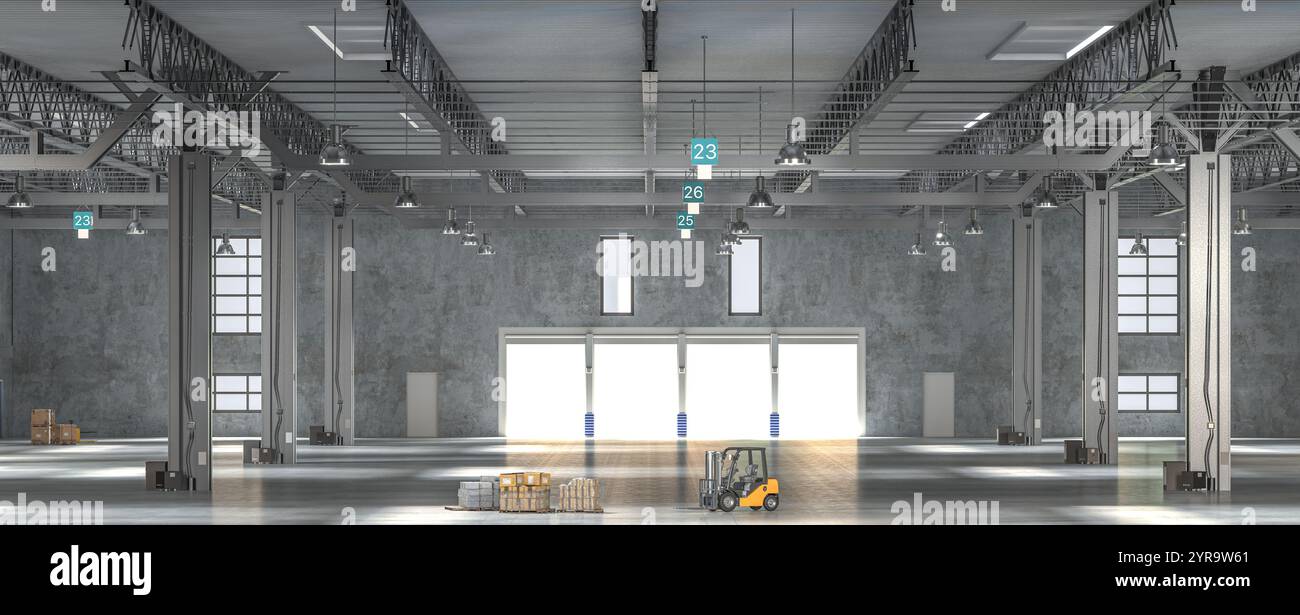 Modern industrial warehouse with forklift and pallet stacks 3d Stock ...