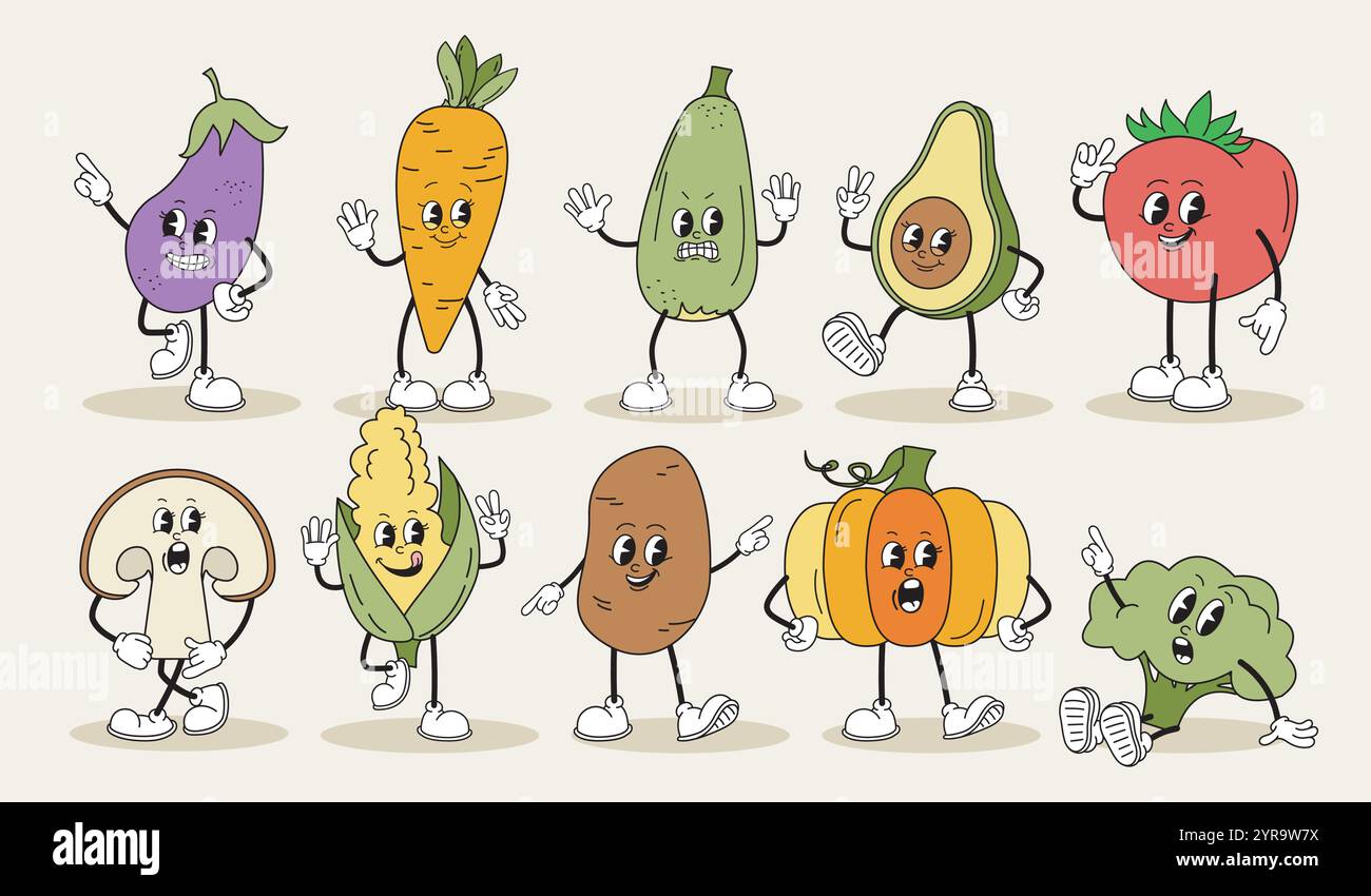 Funny vegetables retro characters set. Mascot and fictional character ...