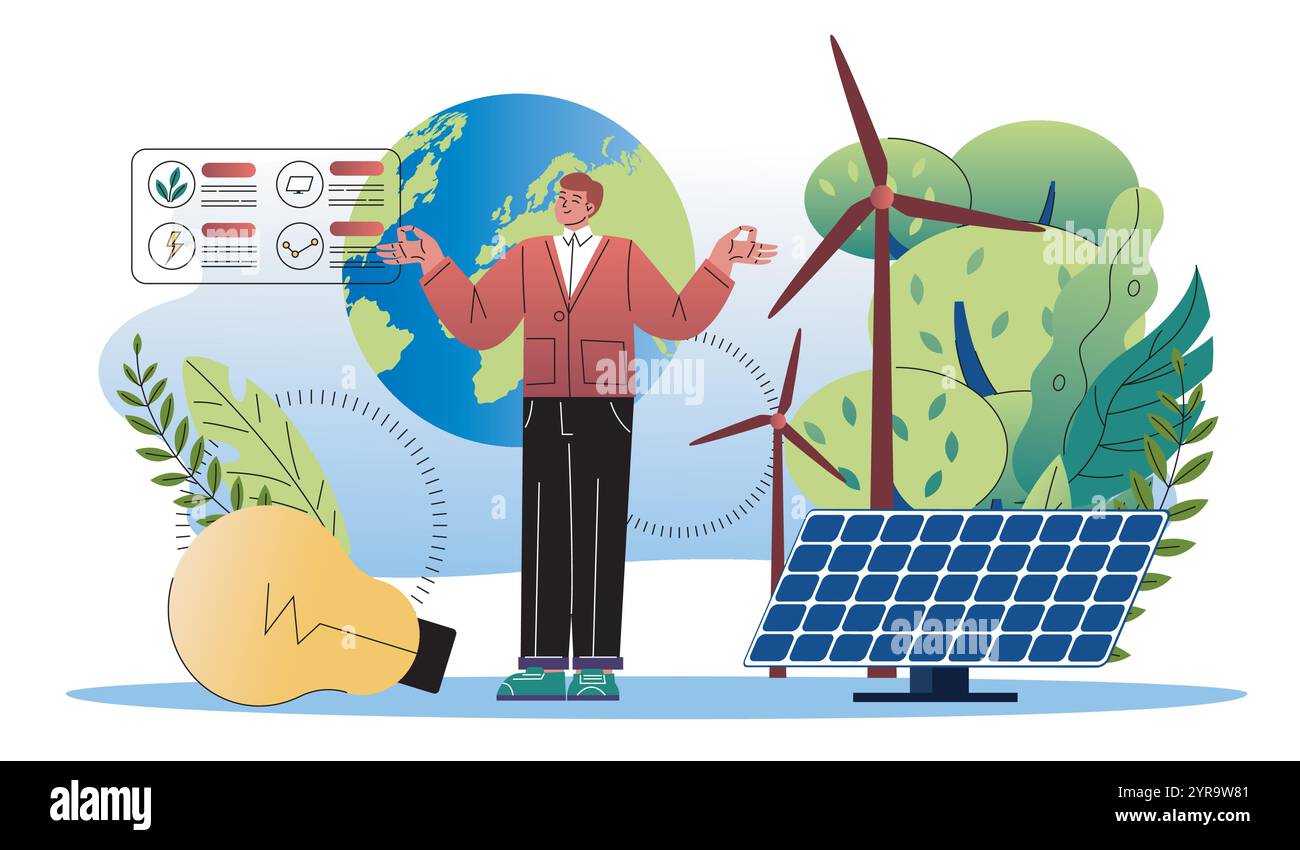 Man with green energy. Young guy near solar panels and windmills ...