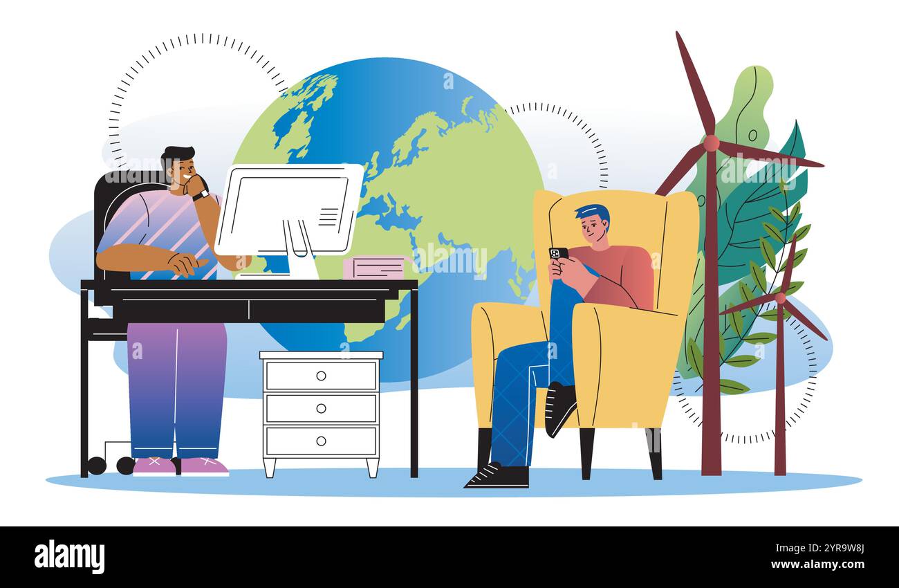 Eco friendly work. Men sitting near windmills. Caring for ecology and ...