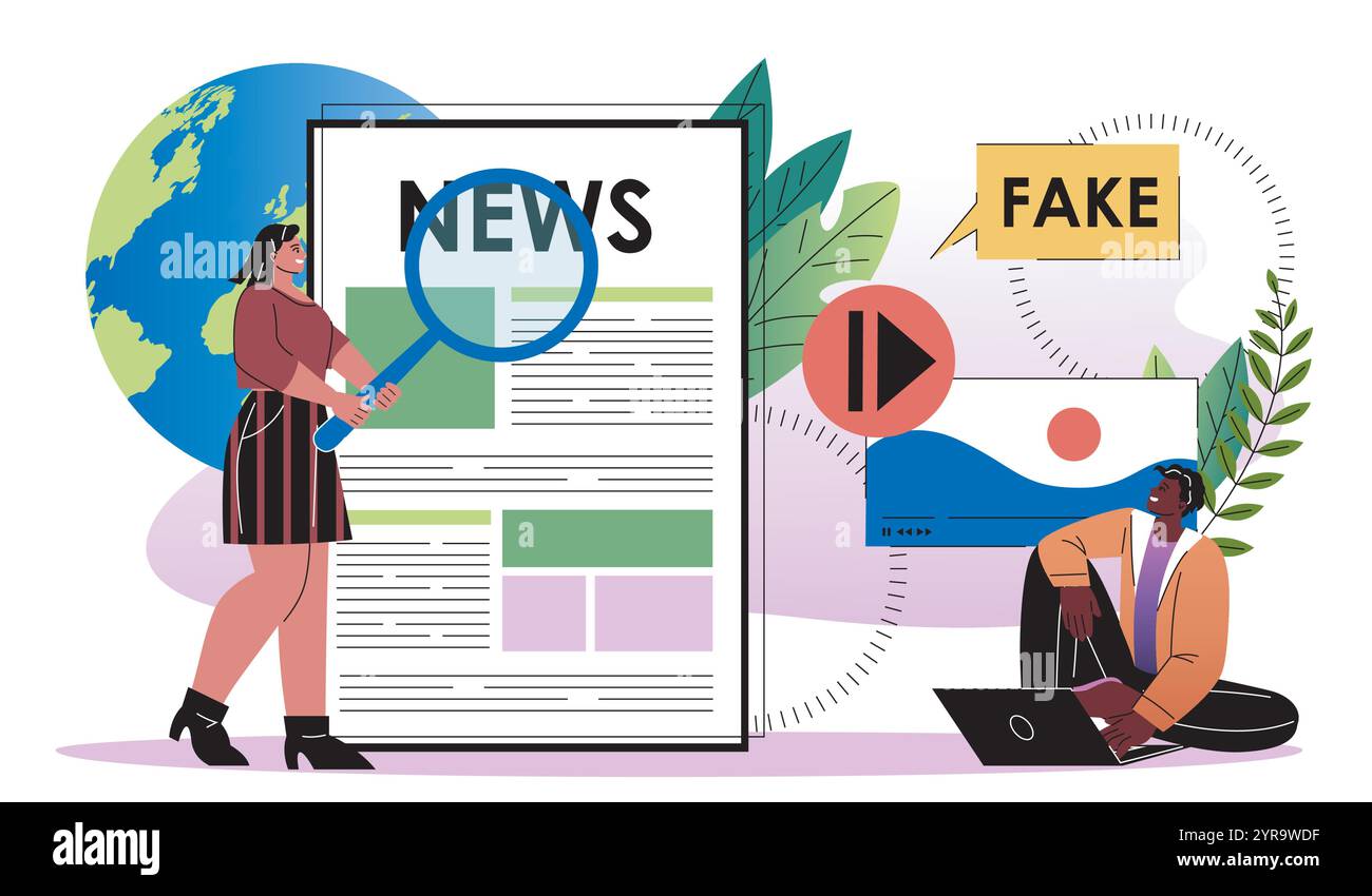 People reading fake news. Man and woman with magnifying glass reading ...