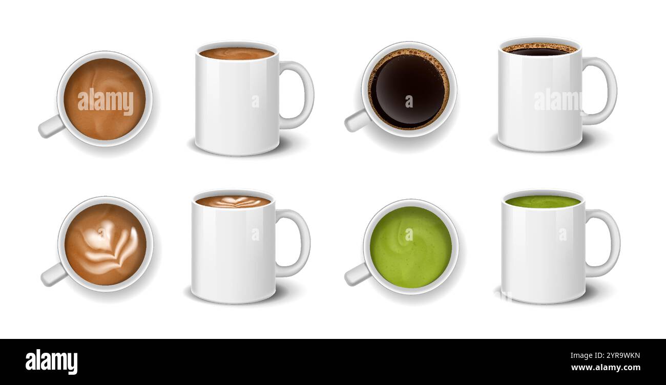 Coffee cups set. Mugs with hot drinks side and top view. Cappuccino and ...