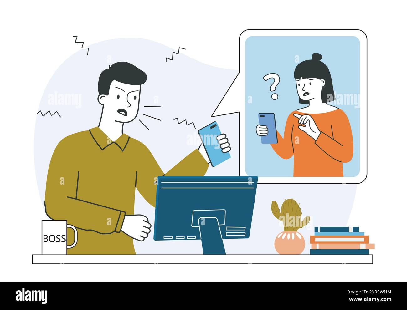 Evil boss scream at subordinate. Man yells at woman at workplace. Poor ...