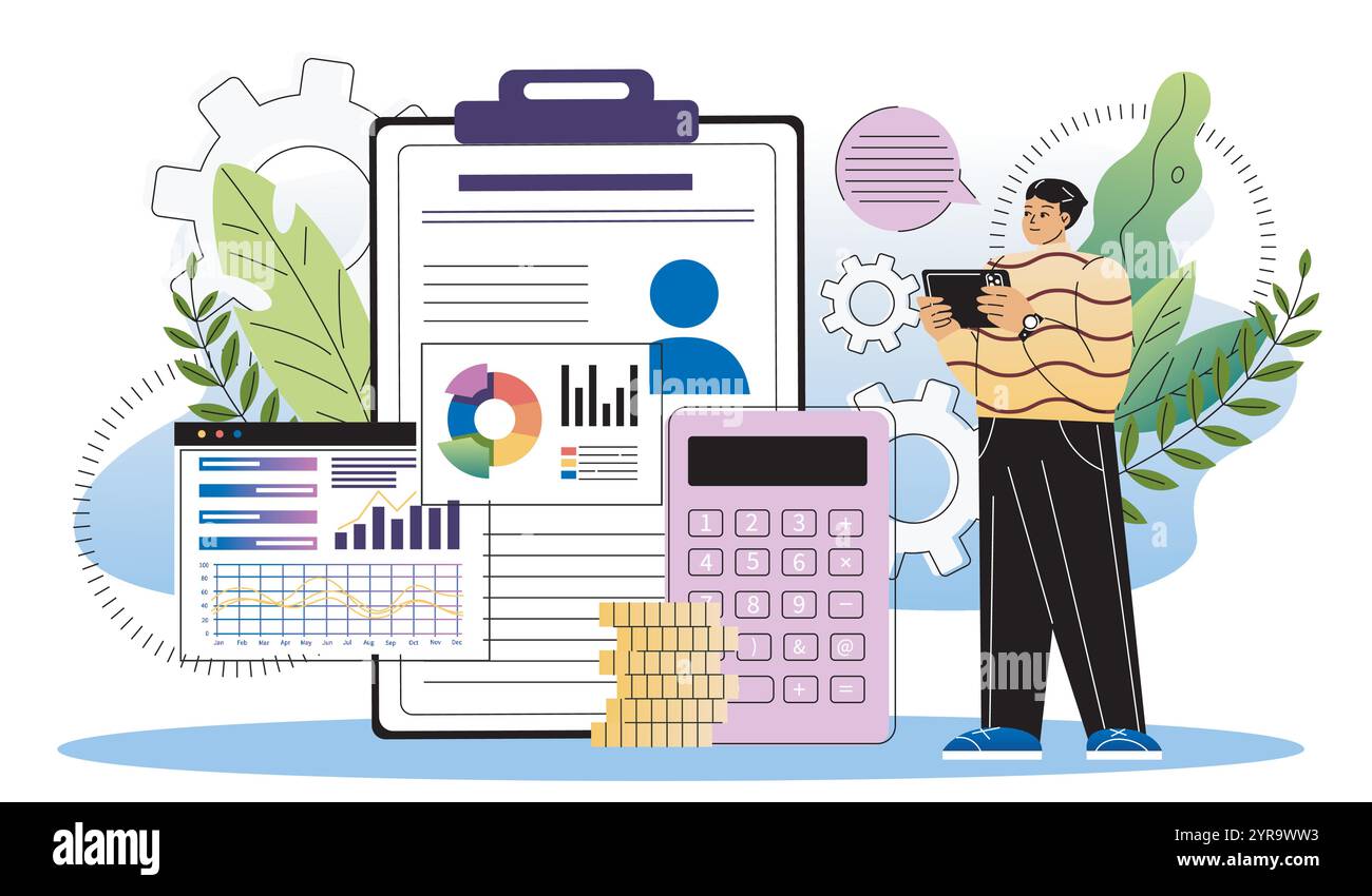 Employee assessment concept. Man near employees resume with statistics ...