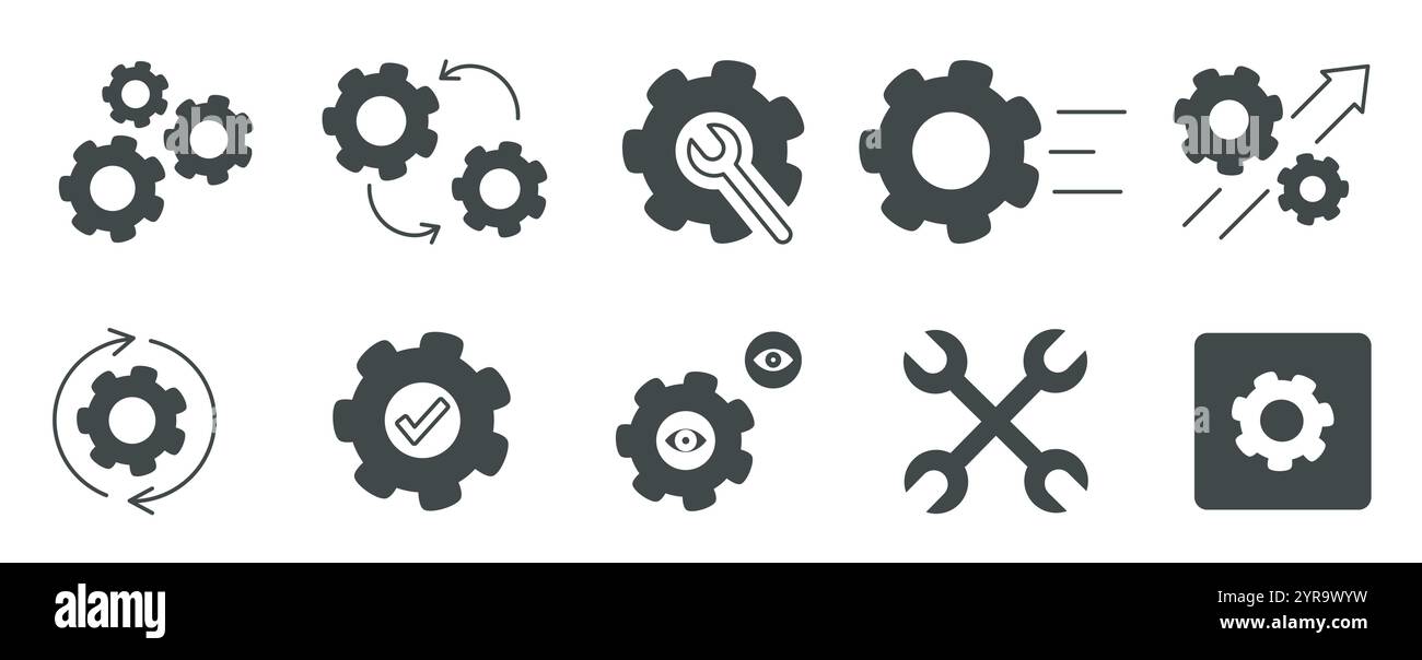 Black gear icons set. Coghweels and wrenches. Symbols of repair and ...