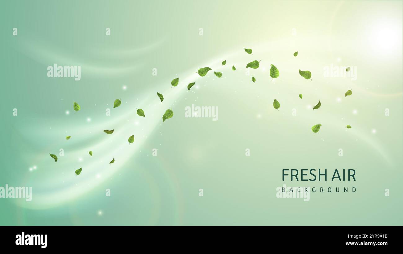 Fresh air background. Wind swirl with green leaves and fresh air inscription. Windflow and ...