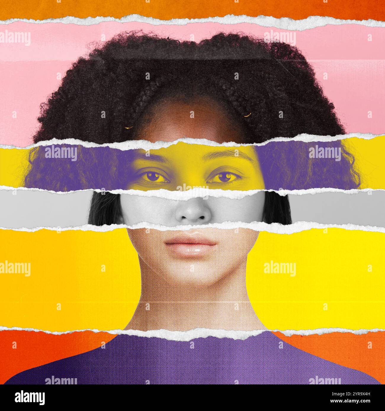 Layered torn paper collage made of different women face parts, creating ...