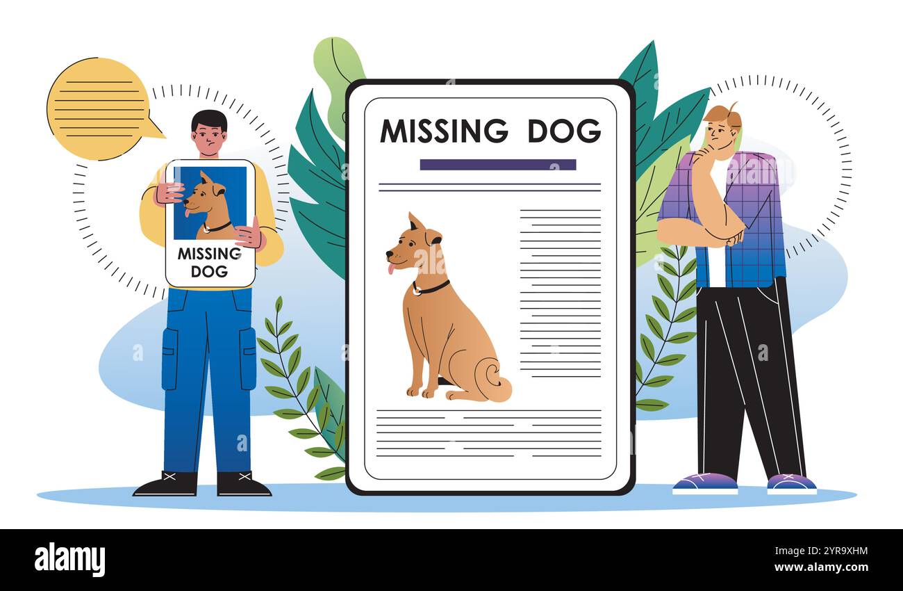 Missing dog poster. Two men near placard with puppy. Notice and ...