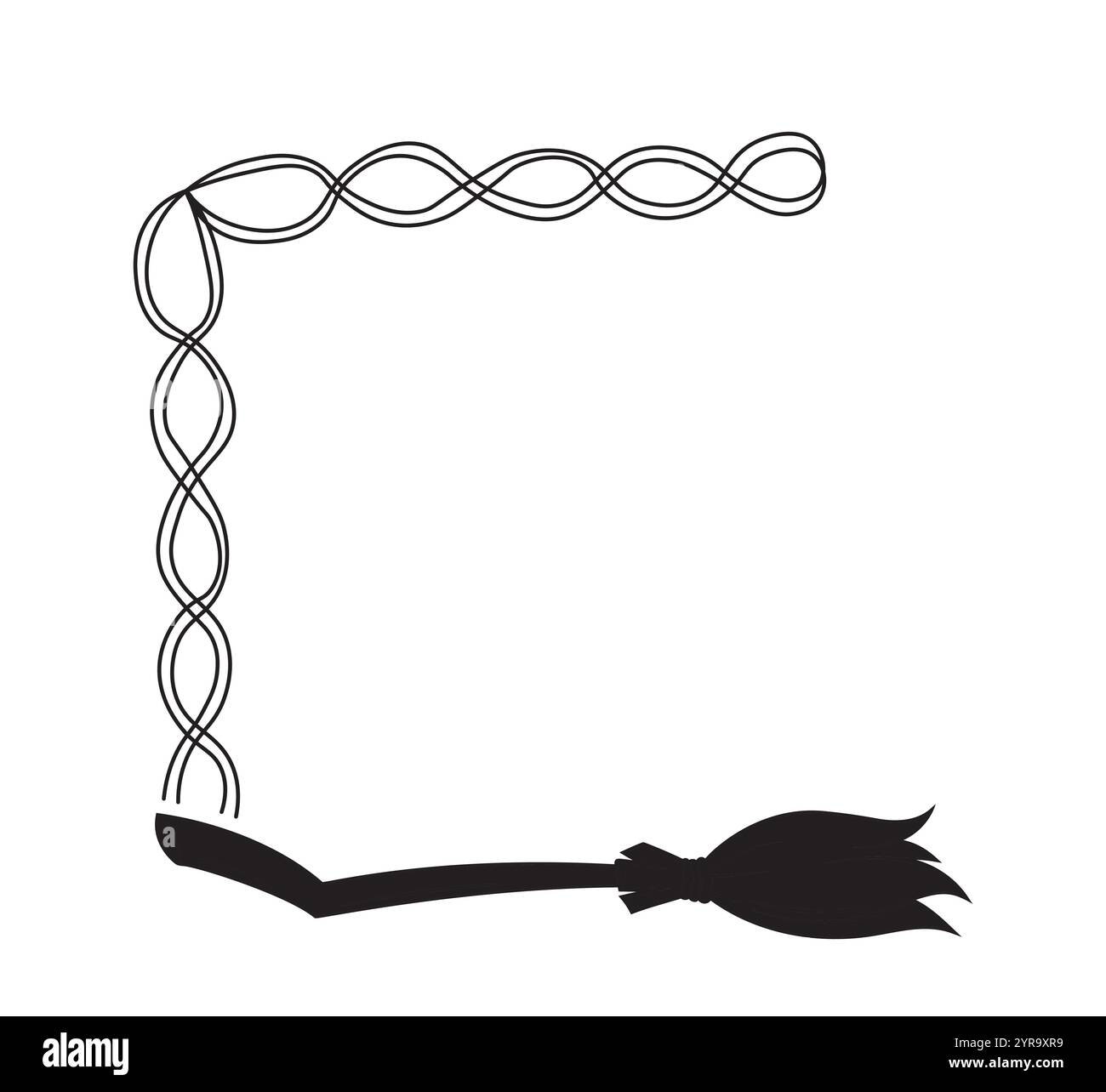 Halloween black frame. Witch broomstick on chain. International holiday ...