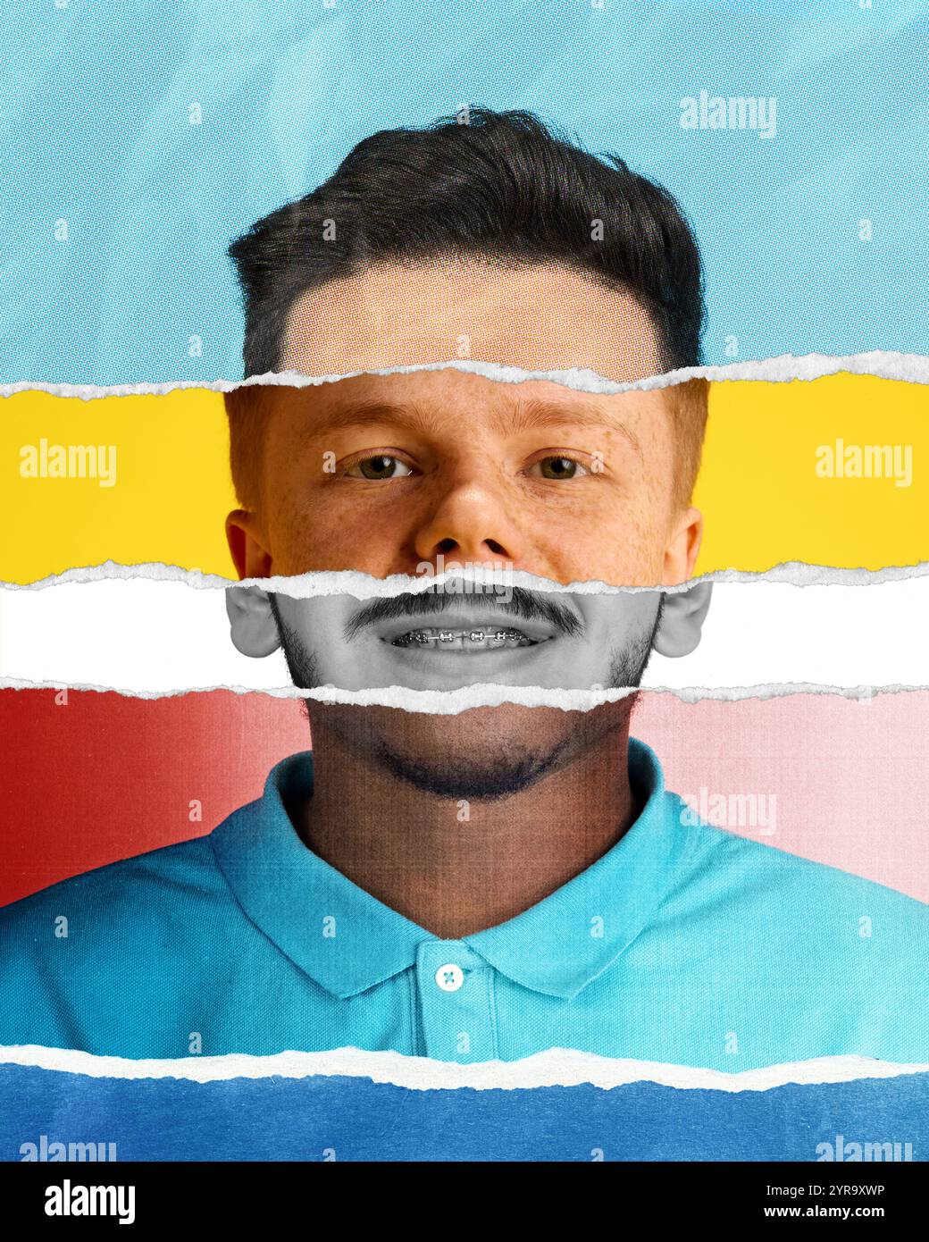 Modern torn paper collage made of different men face pats, creating ...