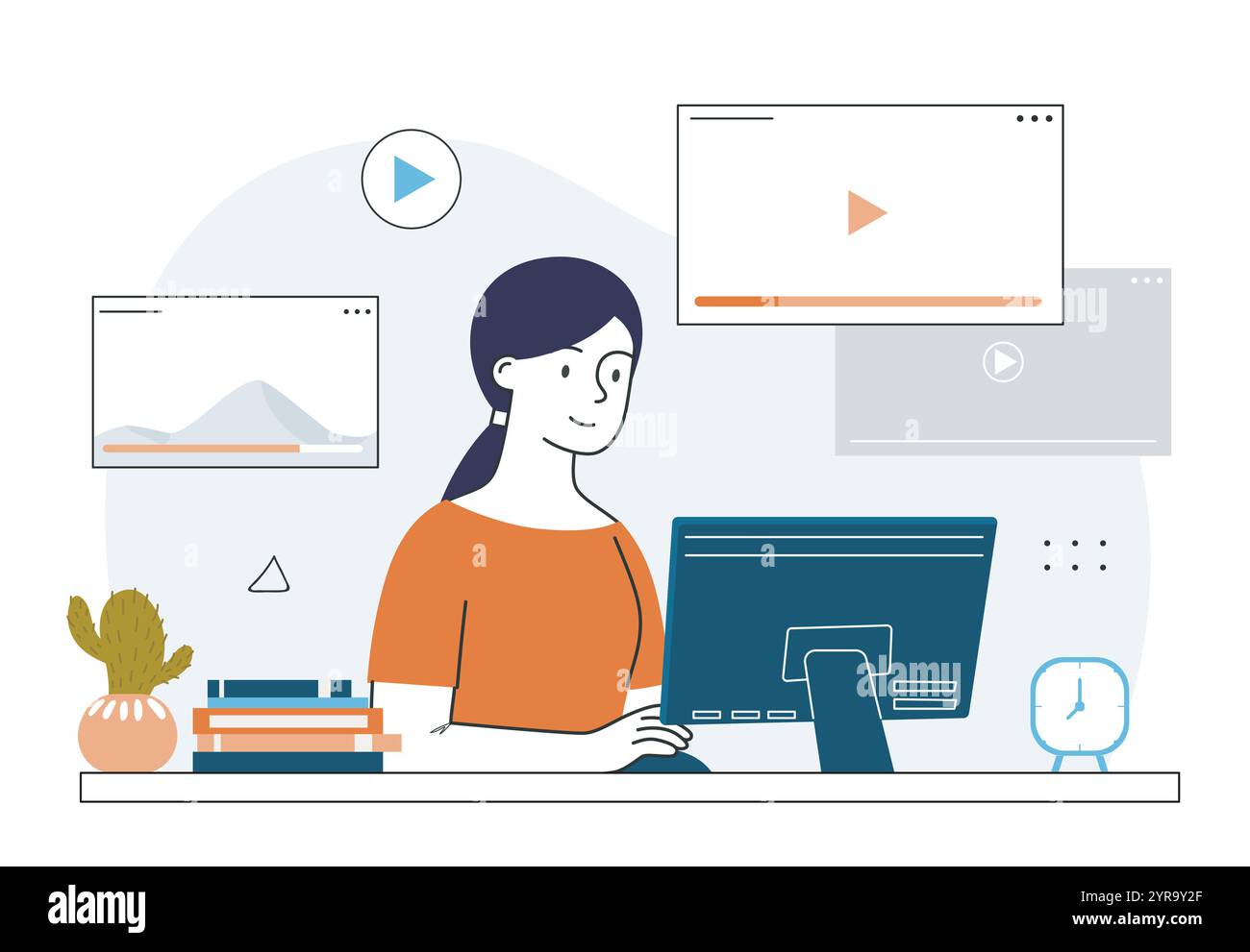 Woman watching media player. Young girl with computer watch videos. Fun ...