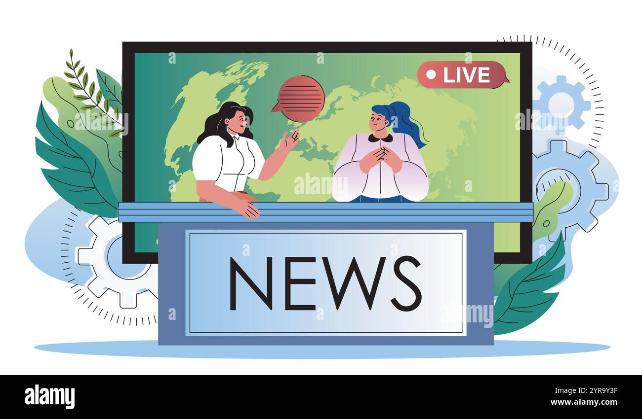 News studio concept. Men and woman in studio. Newcaster and anchor. Television show with ...