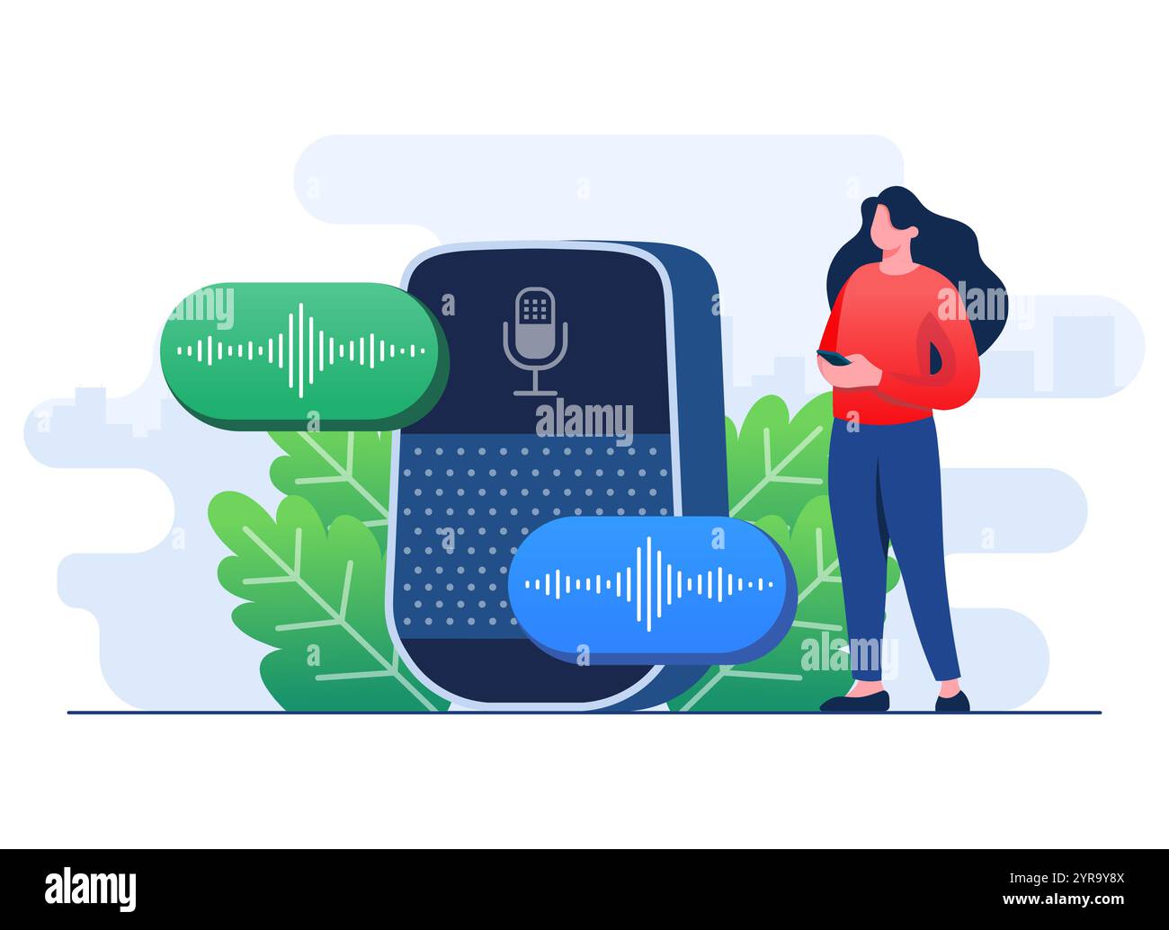 Smart voice assistant flat illustration vector template, Female character control home IOT ...