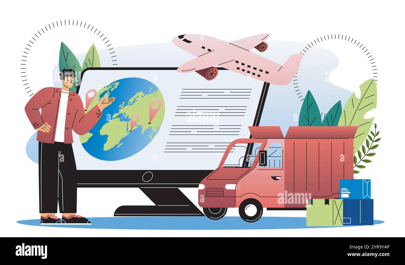 Man manages global delivery. Young guy near truck, airplane and ...