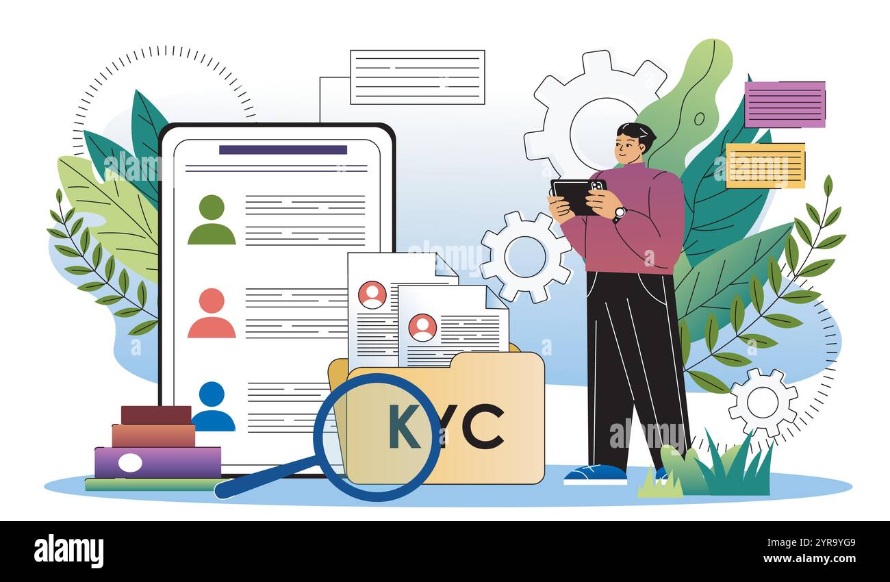 Know your customer. Man with KYC system. Company identity. Analyst ...