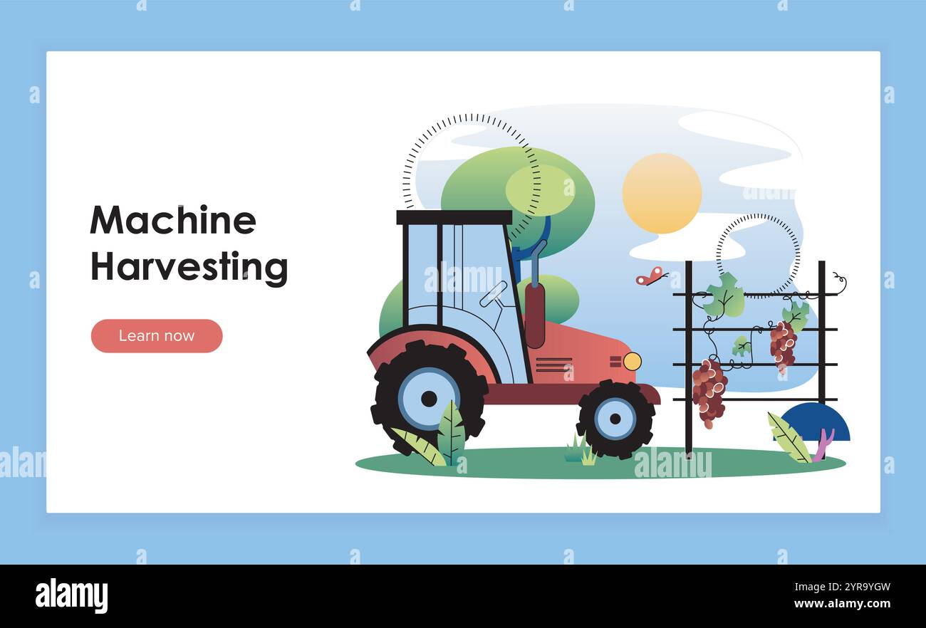 Machine harvesting landing page. Tractor near fence with grape ...
