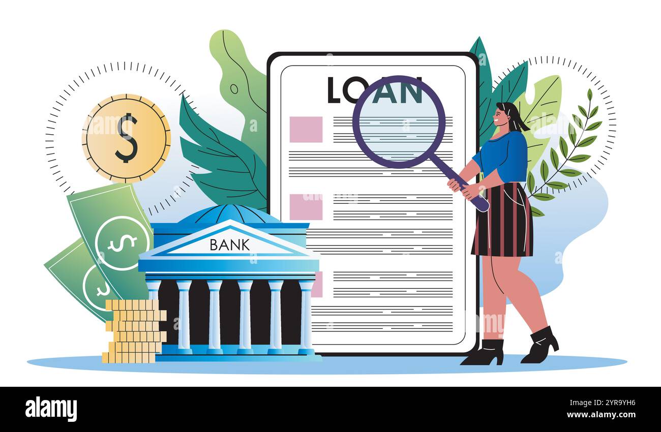 Loan agreement in bank. Woman with magnifying glass studying lease ...