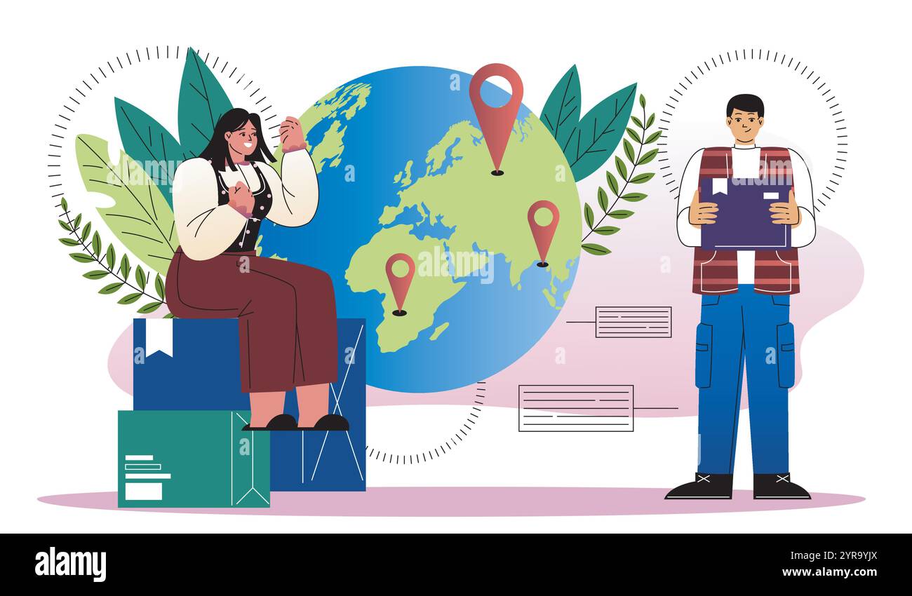 Raw material supply. Woman and man near cardboard boxes. Business to ...