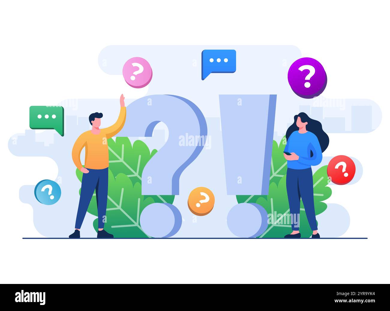 People characters standing near question mark and exclamation mark ...