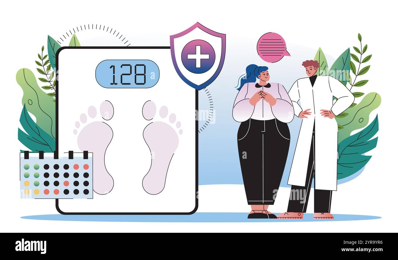 Nutritionist with patient. Man in medical uniorm and fat woman stand ...