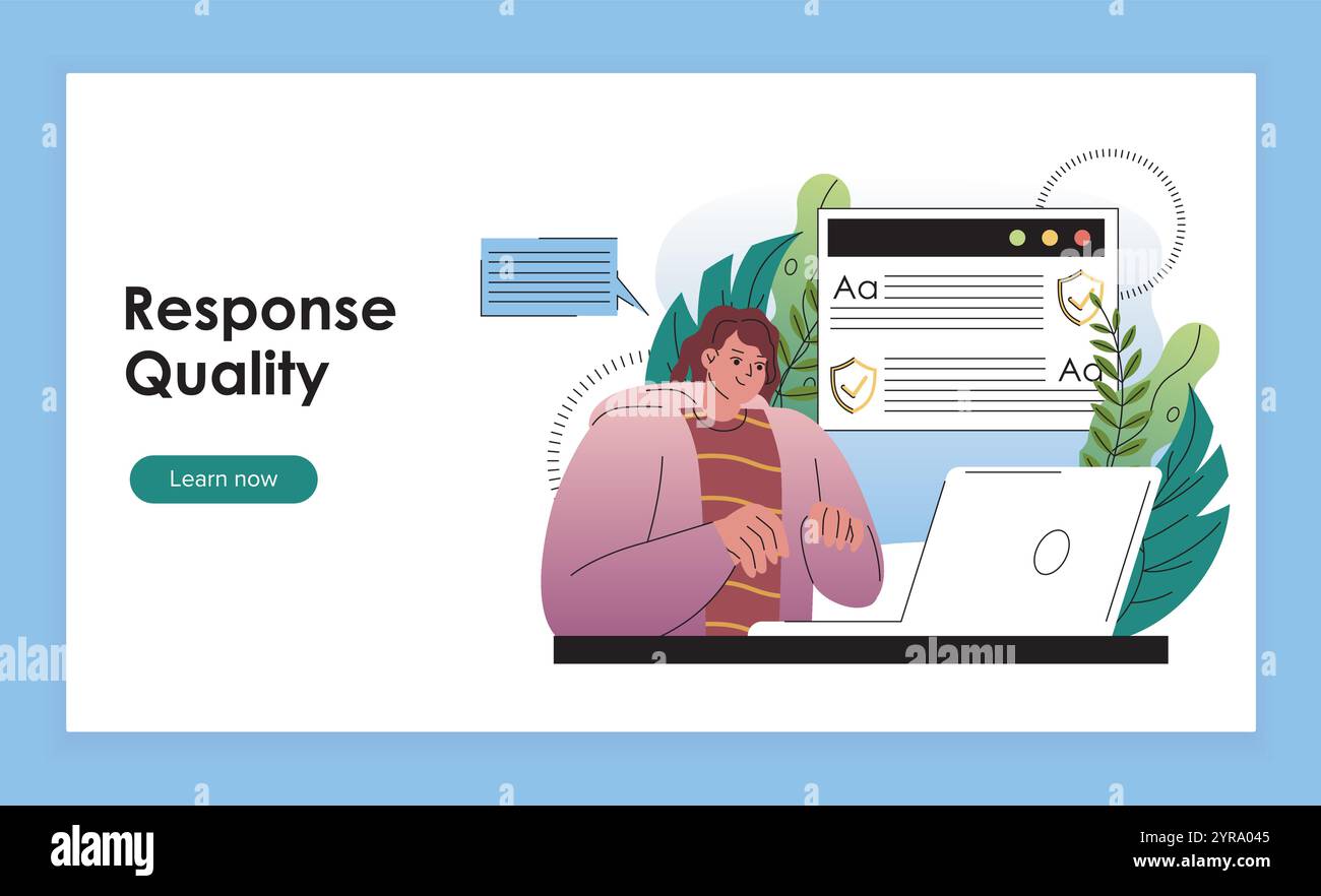 Response quality landing page. Woman with laptop checking article on ...