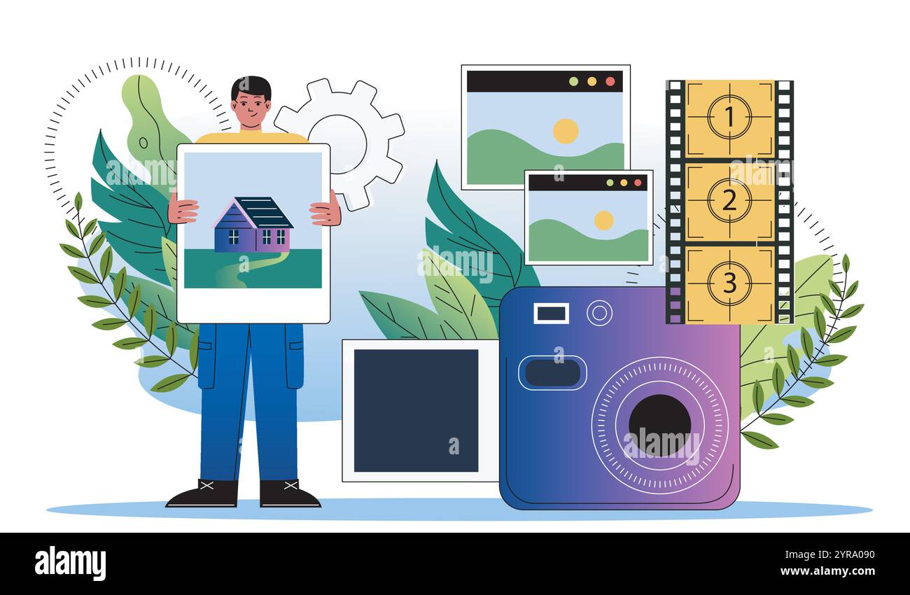 Photographer with image. Man with huge picture in hands near camera ...