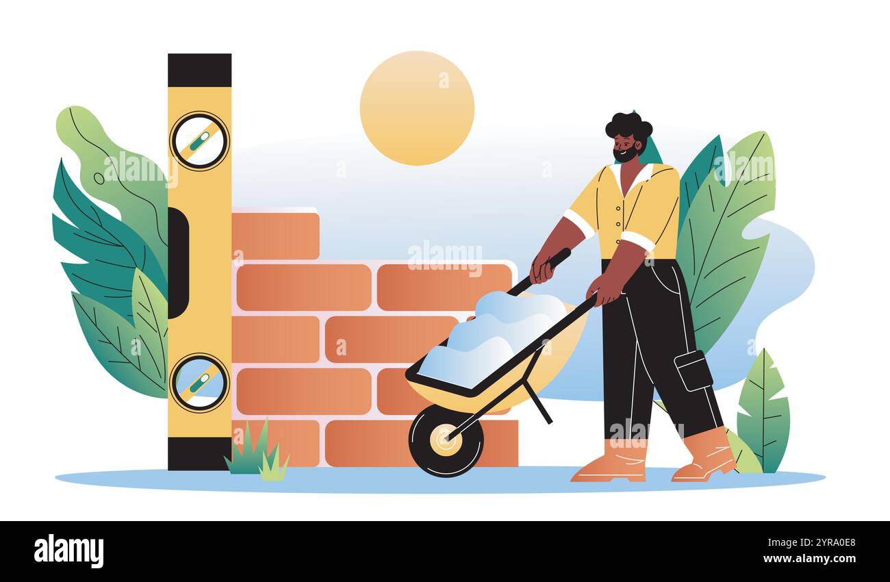 Professional builder with bricks. Man with cart near brickwall ...