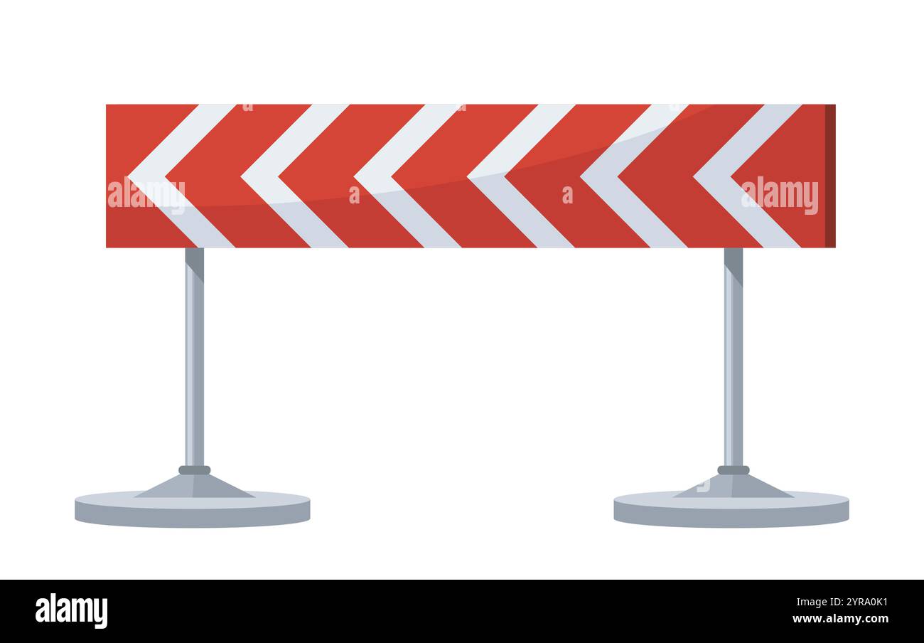 Road work sign. Red stripped barrier. Safety at roads and highways ...