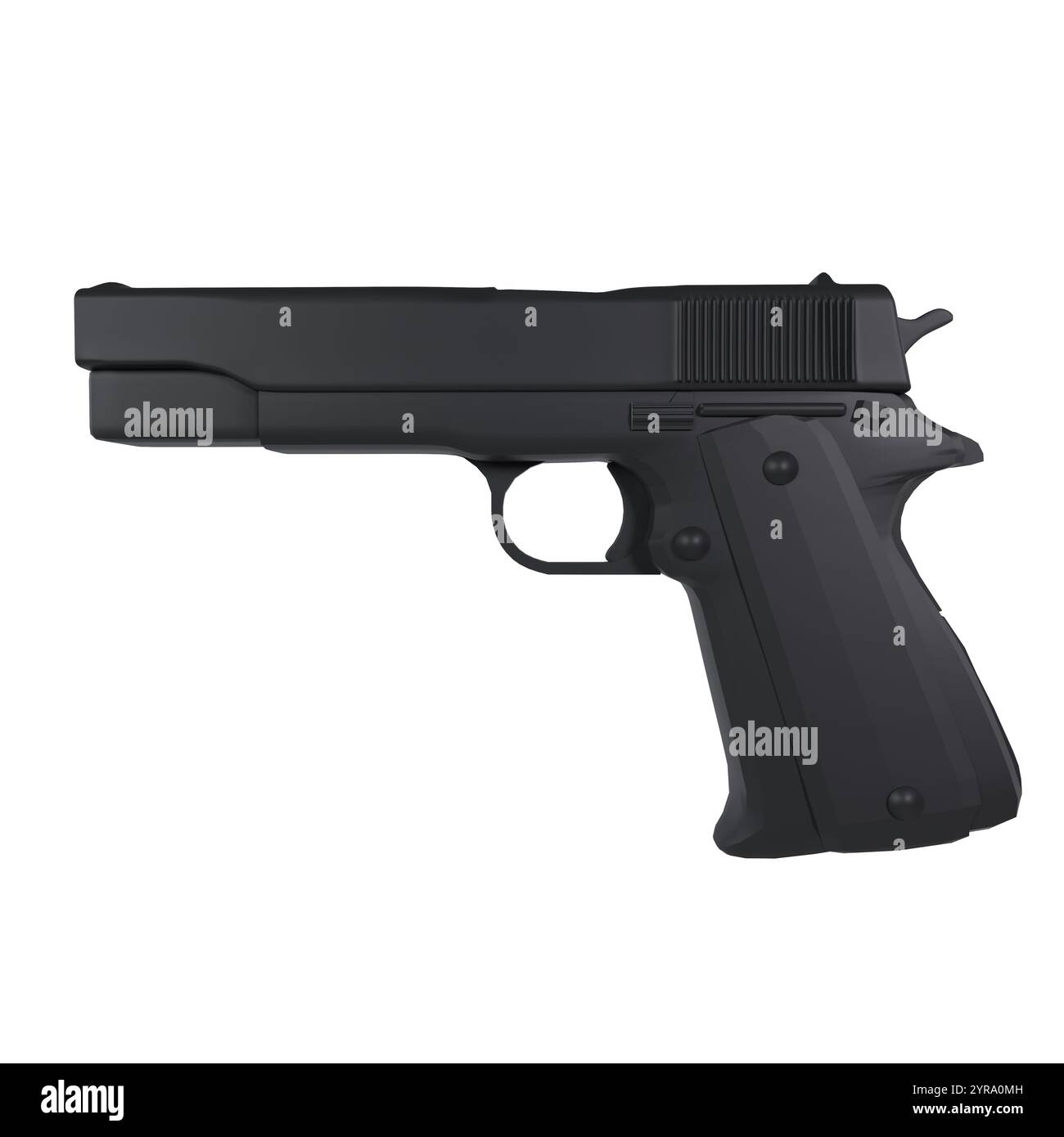This 3D rendering displays a sleek, matte black modern handgun with ...