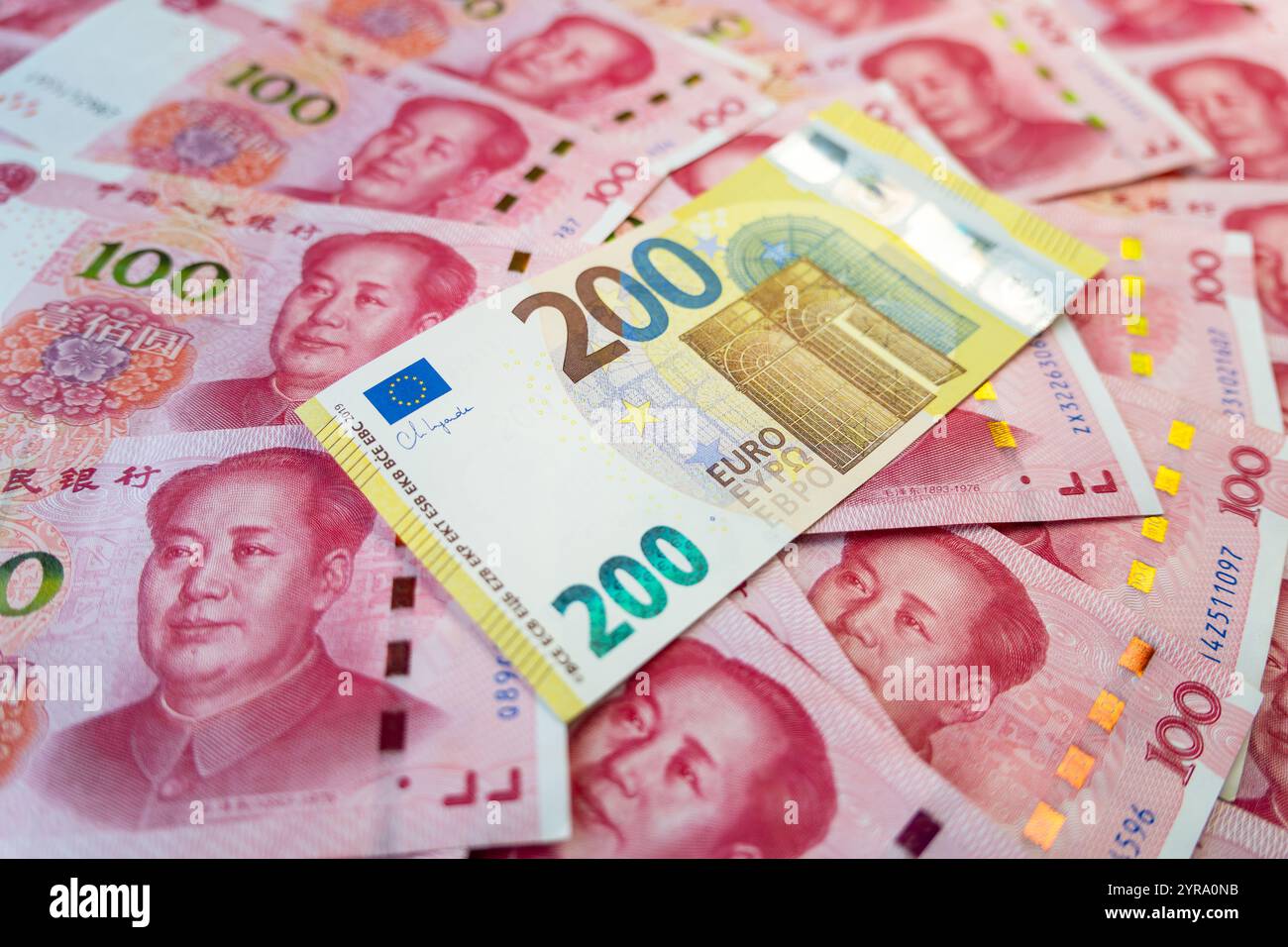 Banknotes in denominations of 100 Chinese yuan and 100 euros. the ...