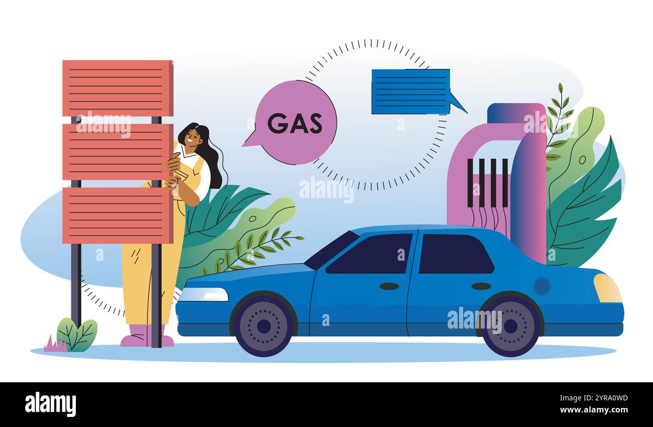 Refueler at gas station. Woman in uniform near gasoline and car. Diesel ...