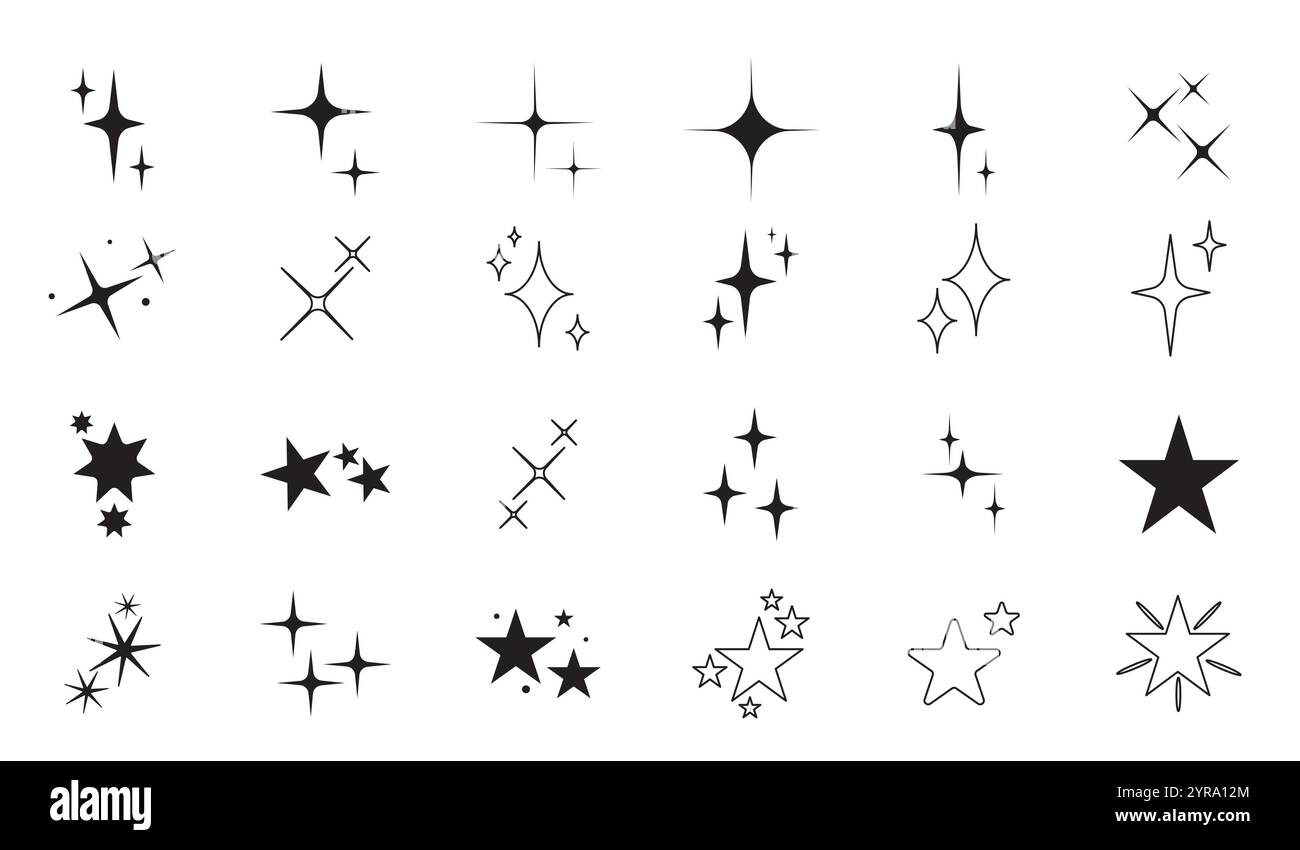 Retro futuristic sparkle icons set. Black and white stars. Particles ...