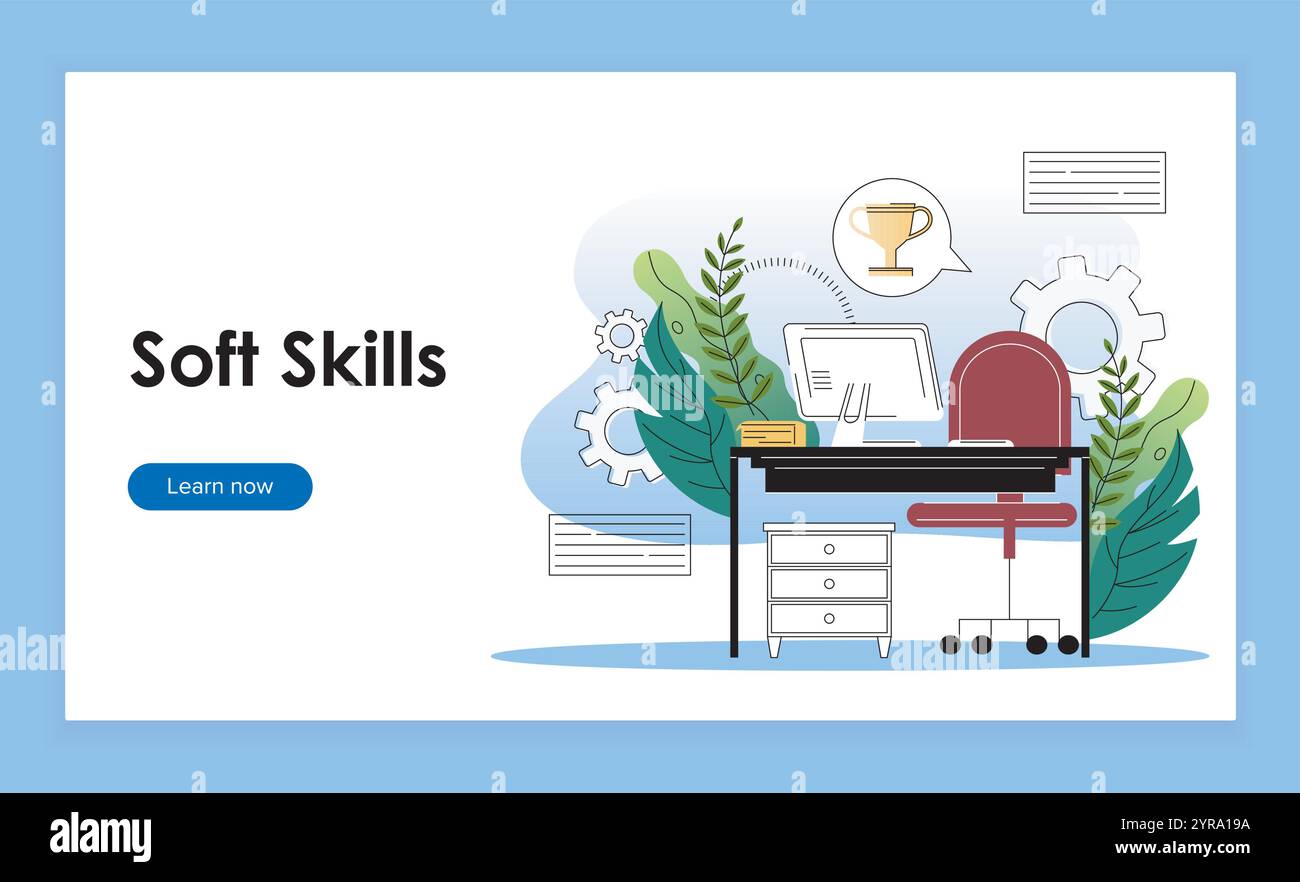 Soft skills landing page. Empty workplace with cup and statistics ...