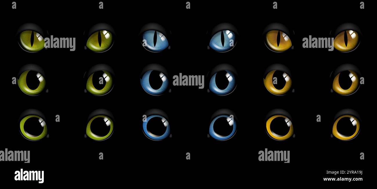 Realistic cat eyes set. Blue, yellow and green kitten eyeballs. Pack of ...