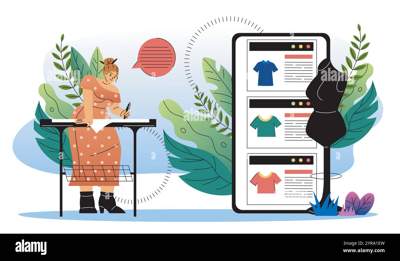 Tailor online service. Woman with sewing machine near mannequin and ...