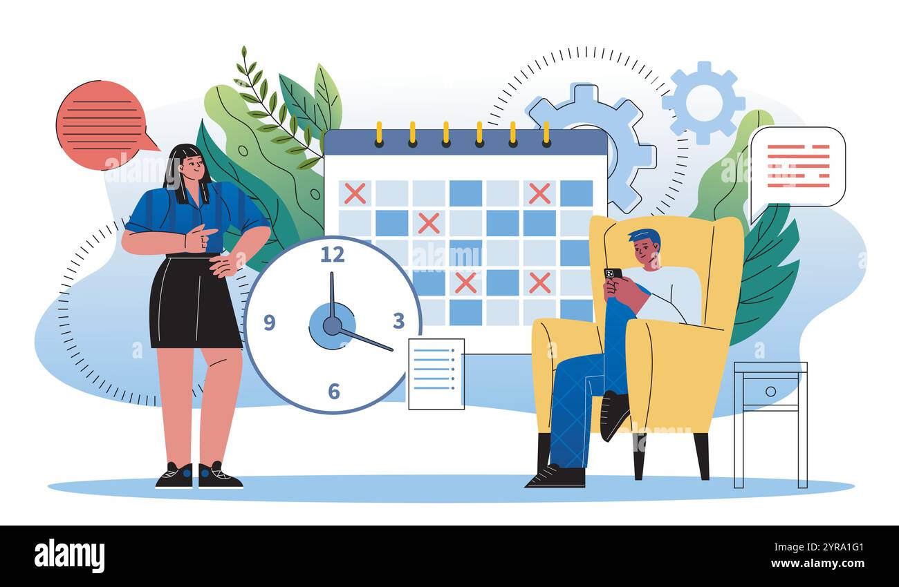 Time management concept. Man and woman near calendar. Planning and scheduling. Setting goals ...