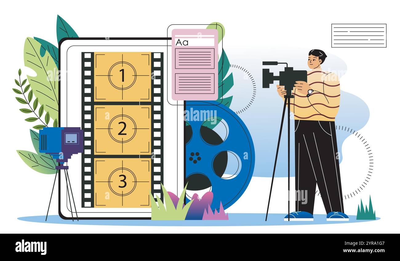 Screenwriter online concept. Man with video camera near film reel ...