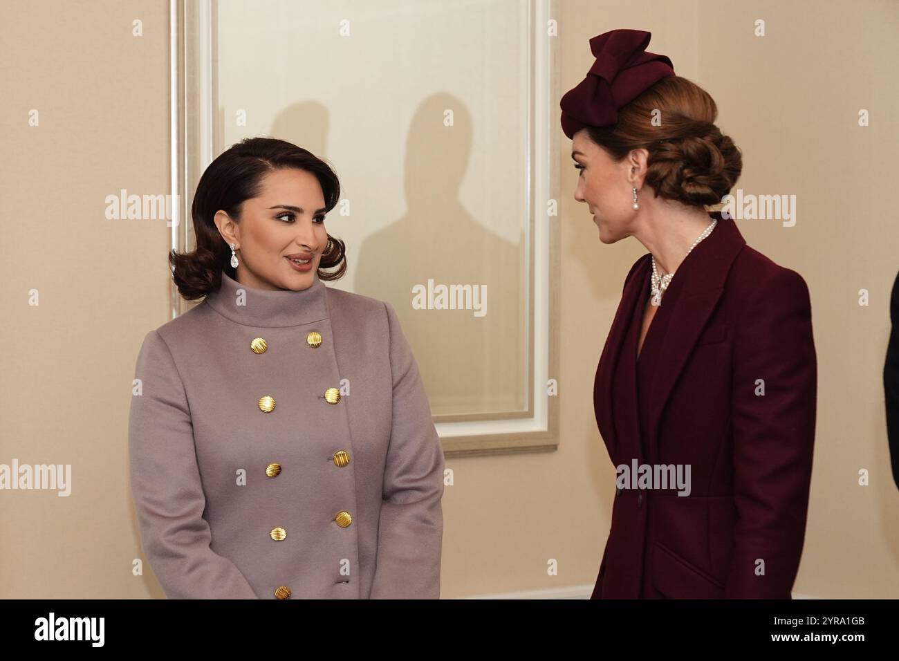 The Princess of Wales (right) greets Sheikha Jawaher, the wife of Emir ...