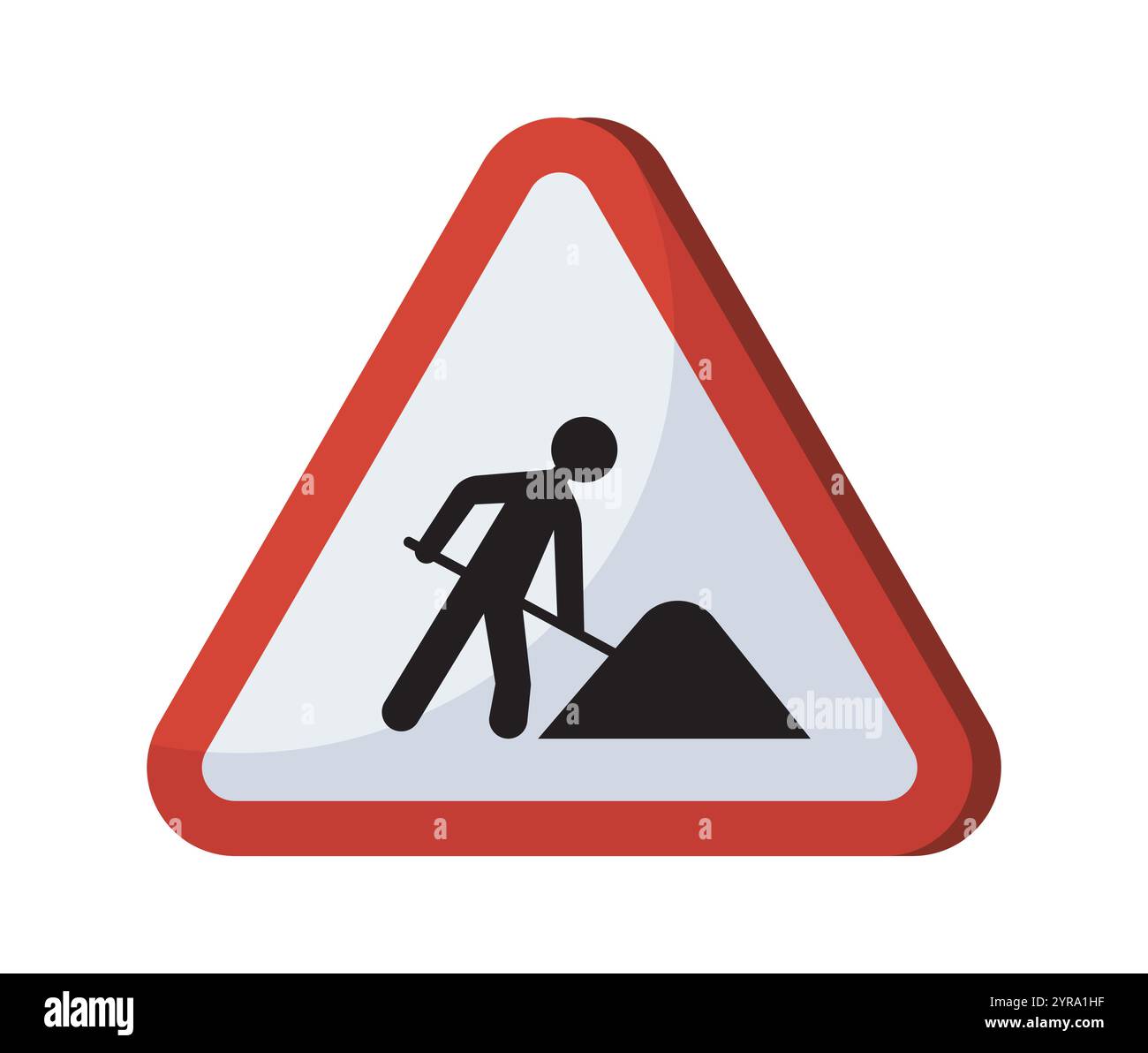 Road work sign. White triangle roadsign with worker with shovel. Safety ...