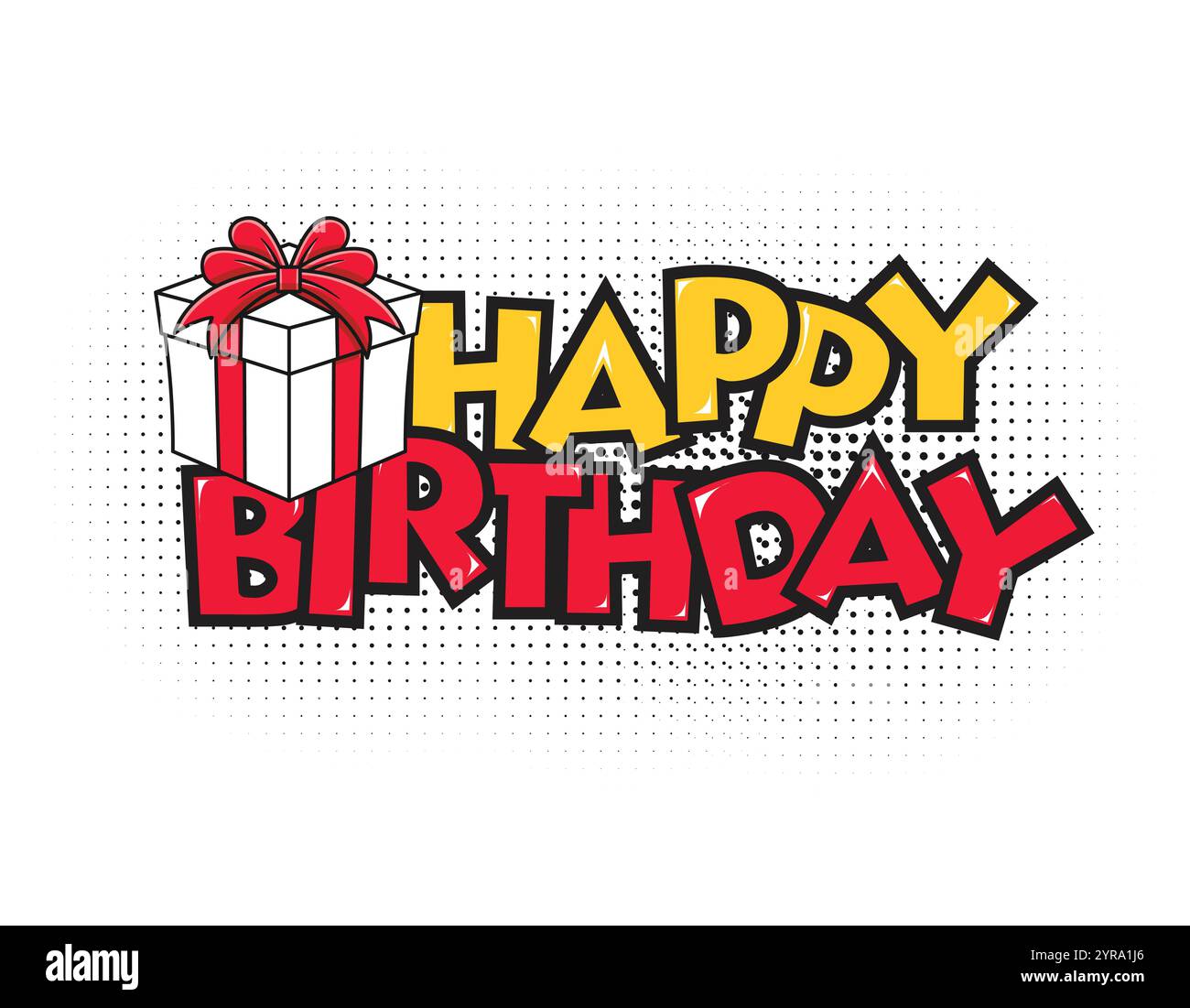 Happy birthday greeting text with gift box in comic style for greeting ...